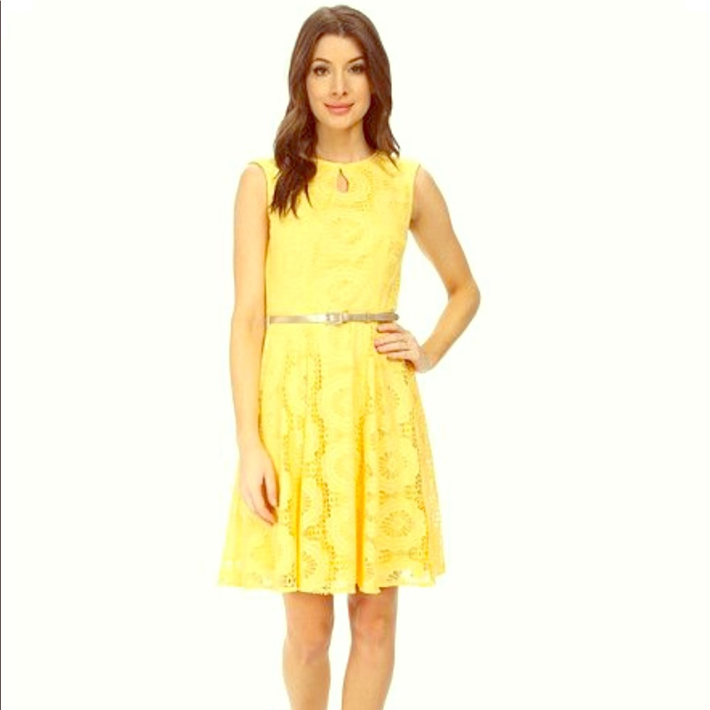 London Style Collection Yellow Lace Overlay Dress - Gem